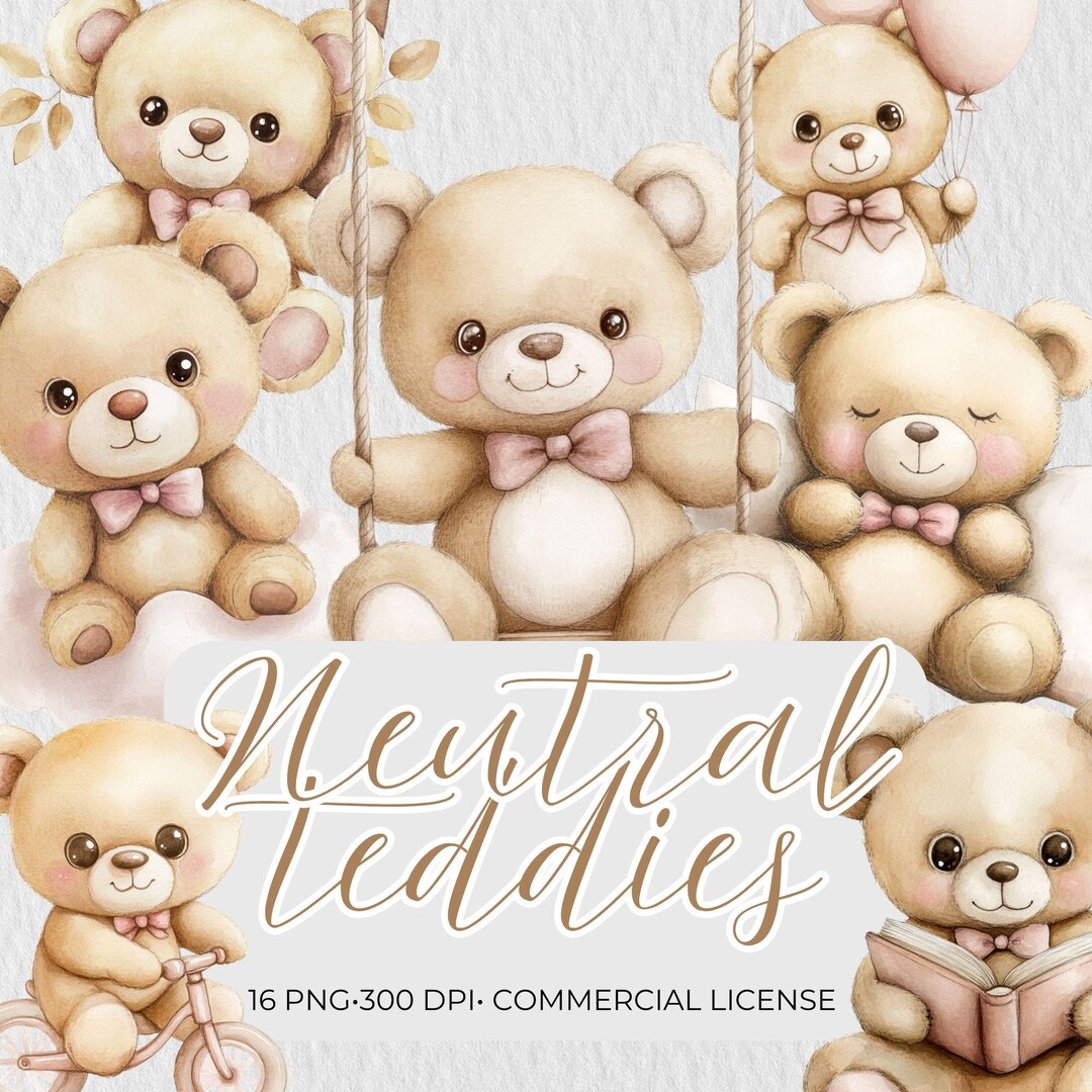Neutral Watercolor Teddy Bear Clipart | Neutral Baby Shower Teddy Bear ...