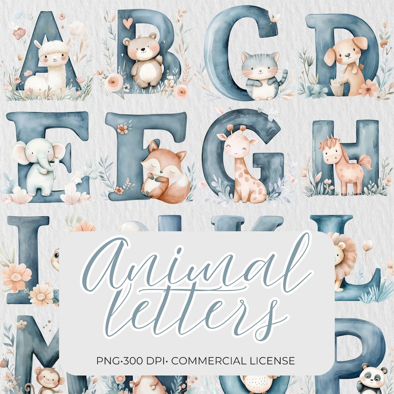 Cute Watercolor Animal Alphabet | School Beginner Clipart Set | Kids ...