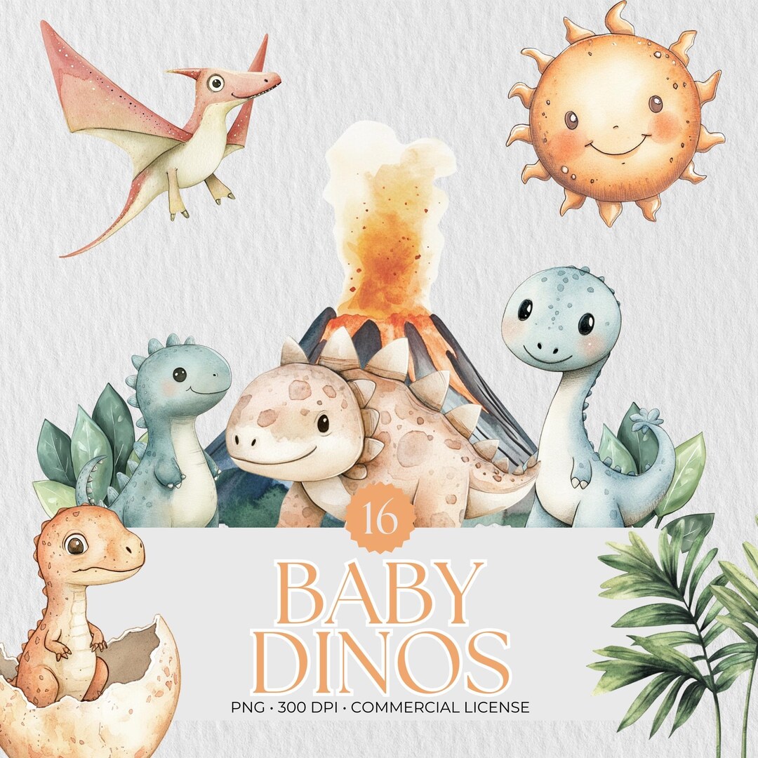 Baby Dinosaur Clipart Set | Watercolor Cute Dinousaurs | Dinosaur ...