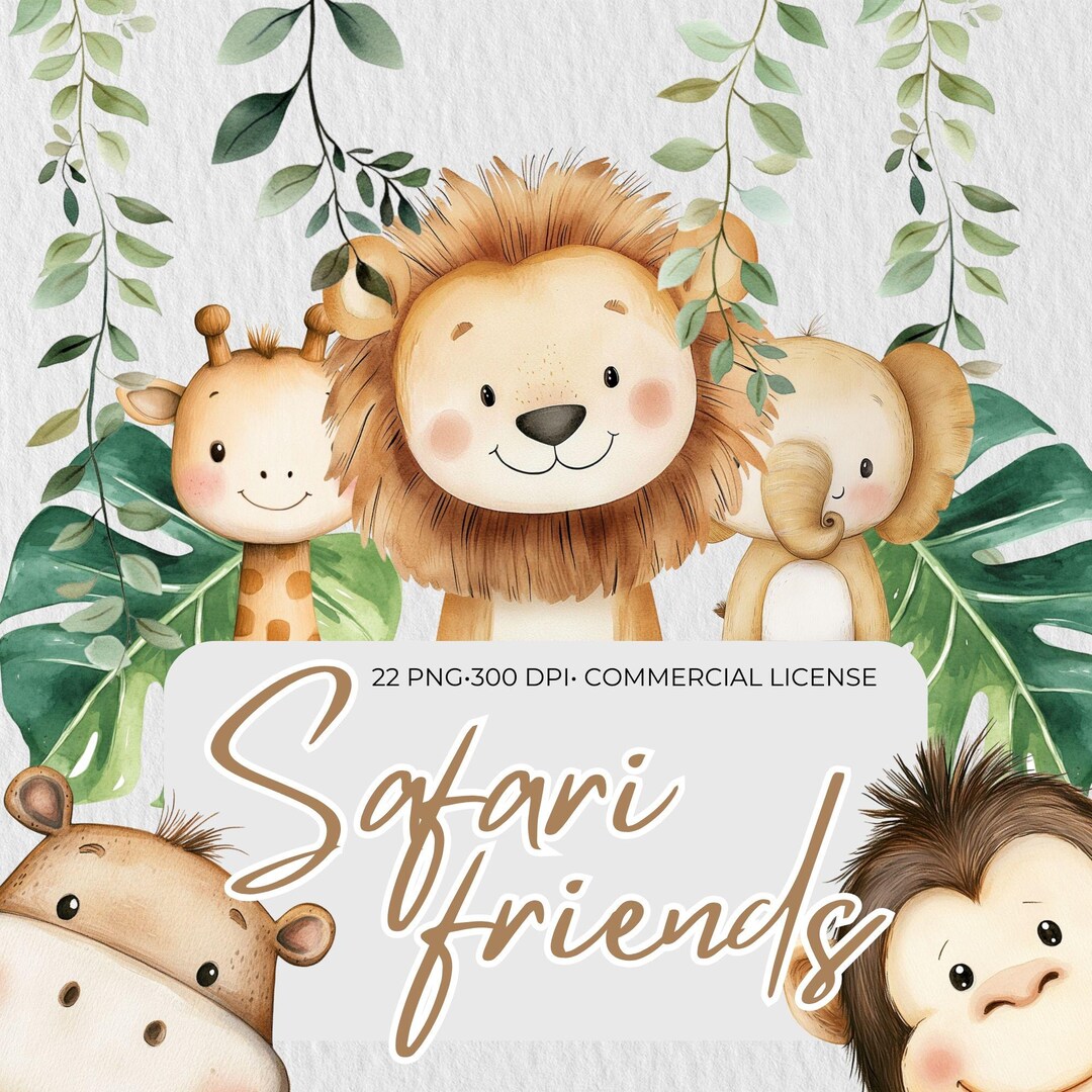Watercolor Safari Animals Clipart: Baby Animal Portraits (PNG) - Etsy
