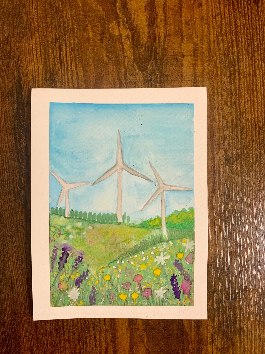 Handpainted Watercolor Painting of Magistic Wind Turbines in a ...