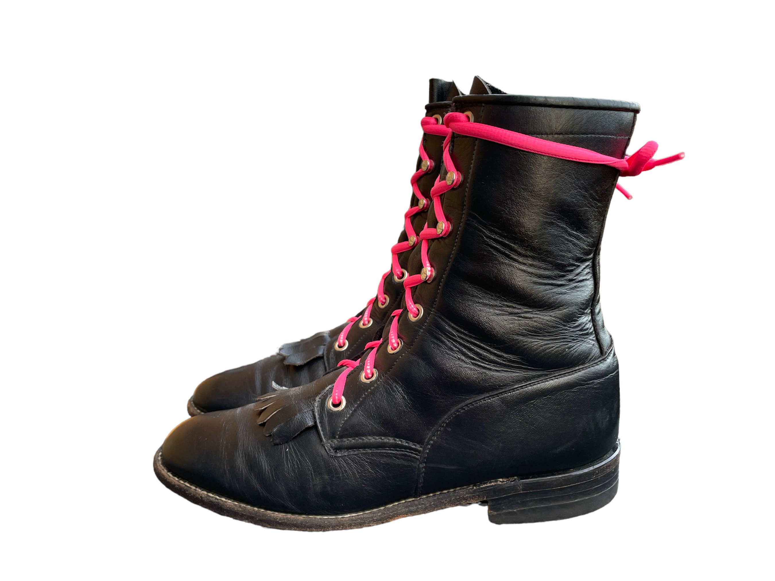 80s Vintage Boots-black Leather Justins-us Women Size 7.5-flat Lace Ups ...