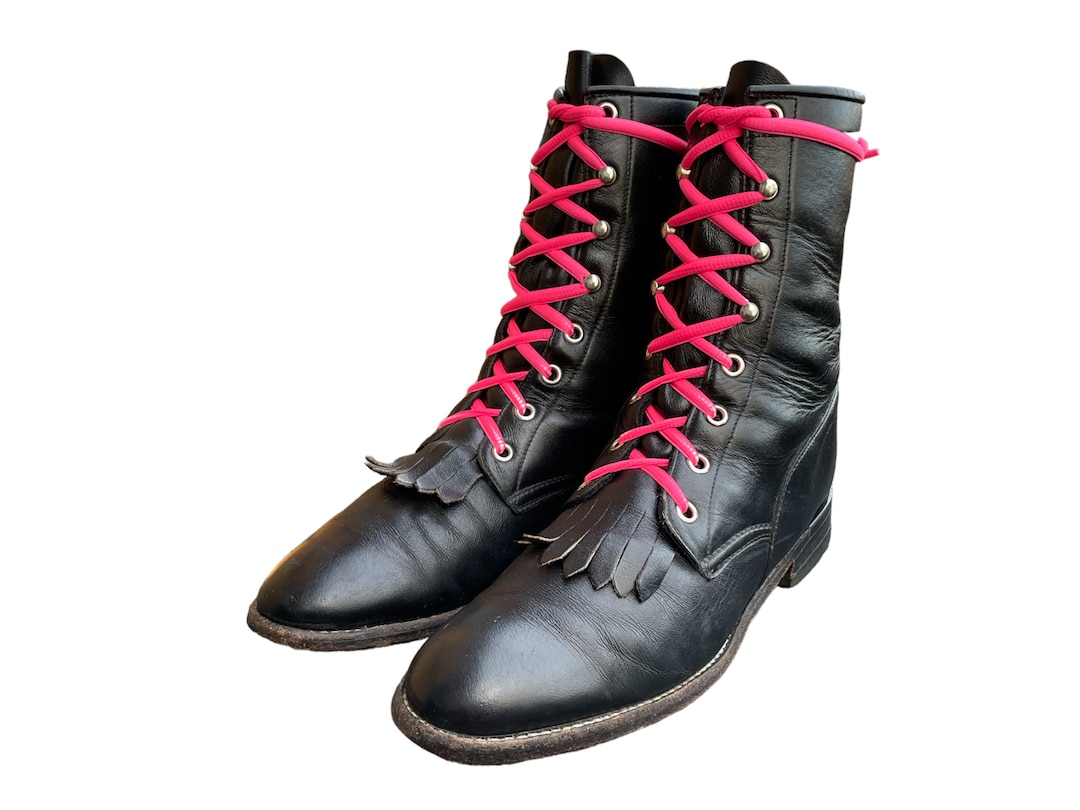 80s Vintage Boots-black Leather Justins-us Women Size 7.5-flat Lace Ups ...