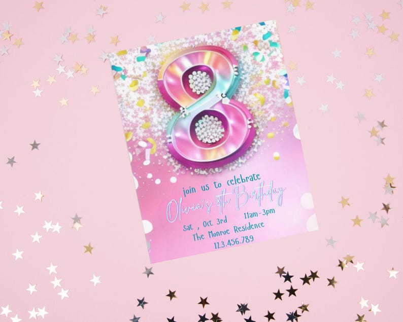 Editable Pink 8th Birthday Invitation Template Glitter Birthday Party ...