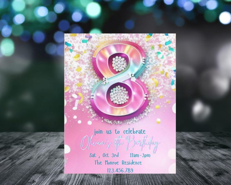 Editable Pink 8th Birthday Invitation Template Glitter Birthday Party ...
