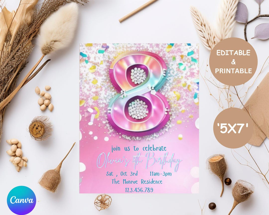 Editable Pink 8th Birthday Invitation Template Glitter Birthday Party ...