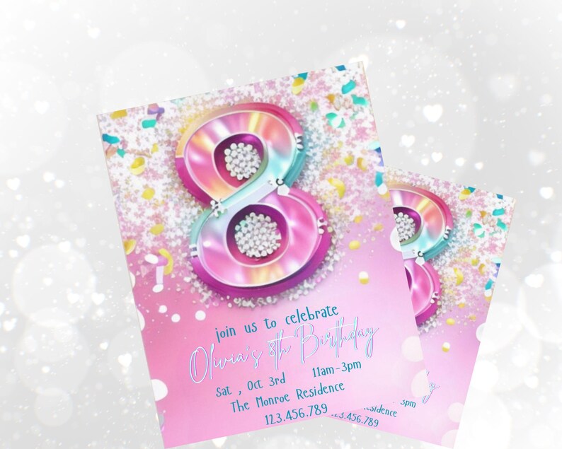 Editable Pink 8th Birthday Invitation Template Glitter Birthday Party ...