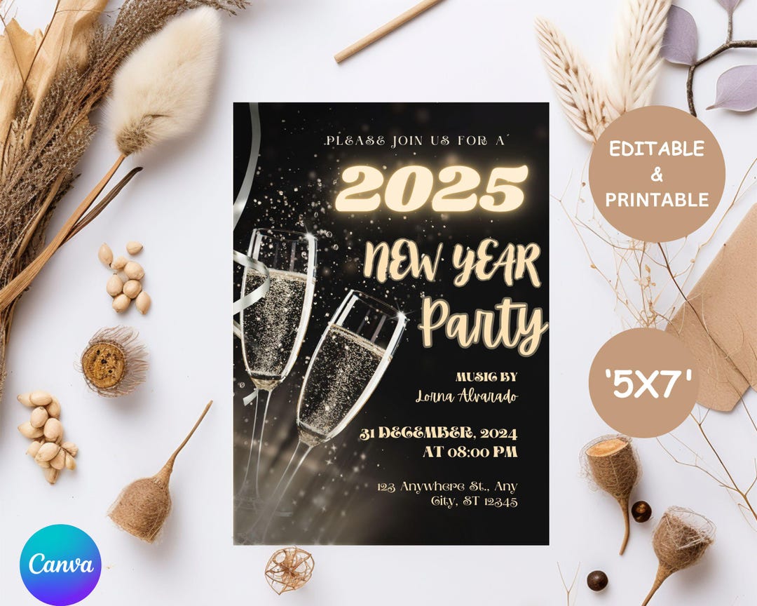 Editable Gold Glitter New Year’s Party Invitation 2025 | Holiday Party ...