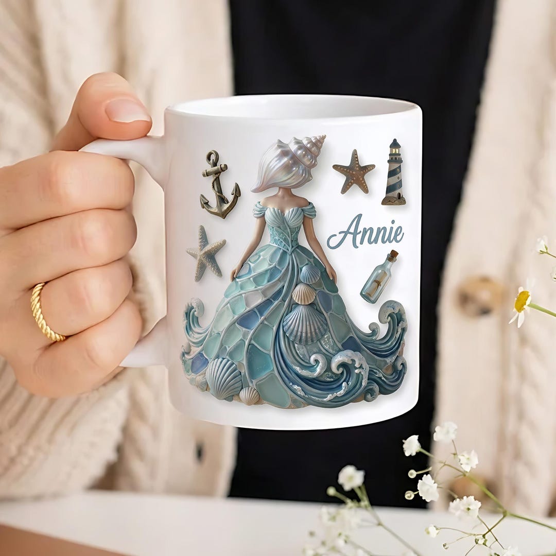 Personalized Ocean Shell Lady Coffee Mug - Custom Name Mermaidcore Gift ...