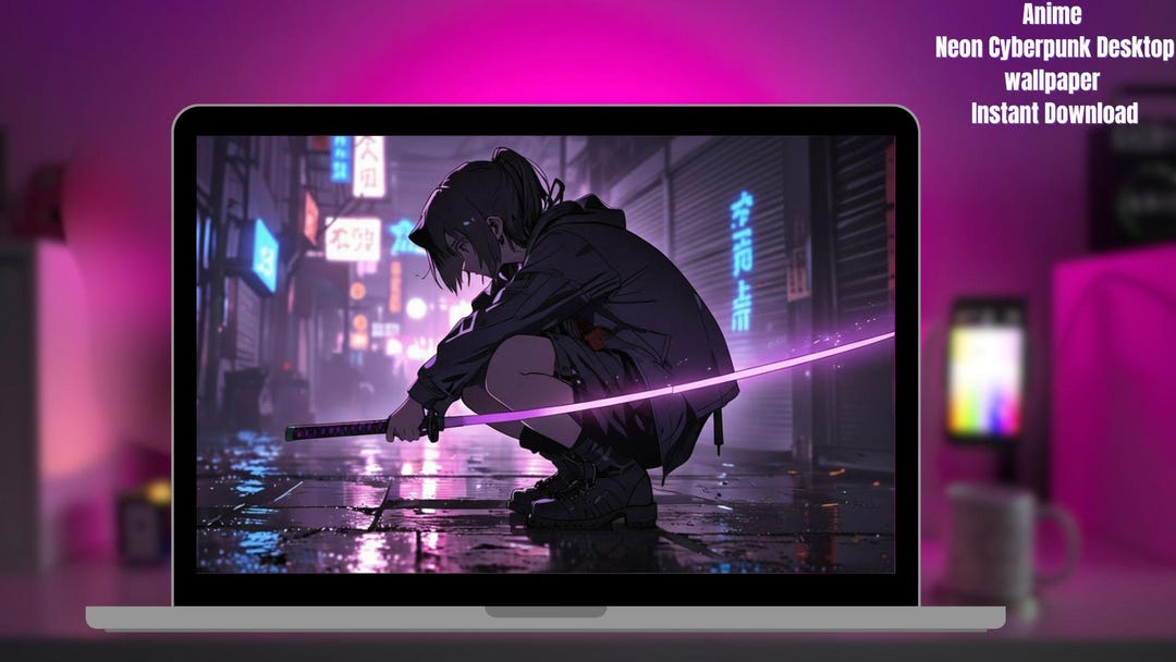 Neon Samurai Girl Anime Wallpaper • Purple Cyberpunk Desktop Background ...
