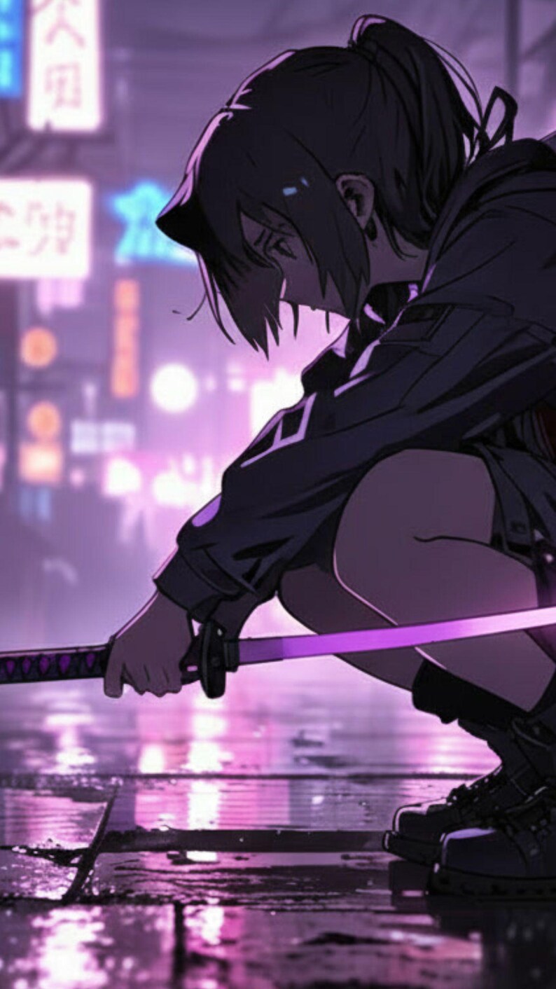 Neon Samurai Girl Anime Wallpaper • Purple Cyberpunk Desktop Background ...