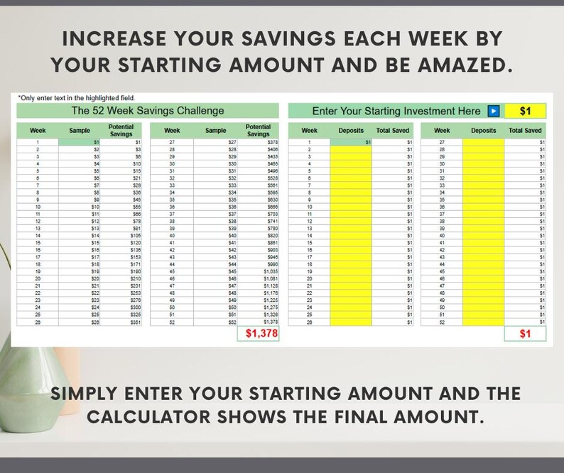 52 Week Savings Challenge, Savings Planner, Savings Calculator, Savings ...
