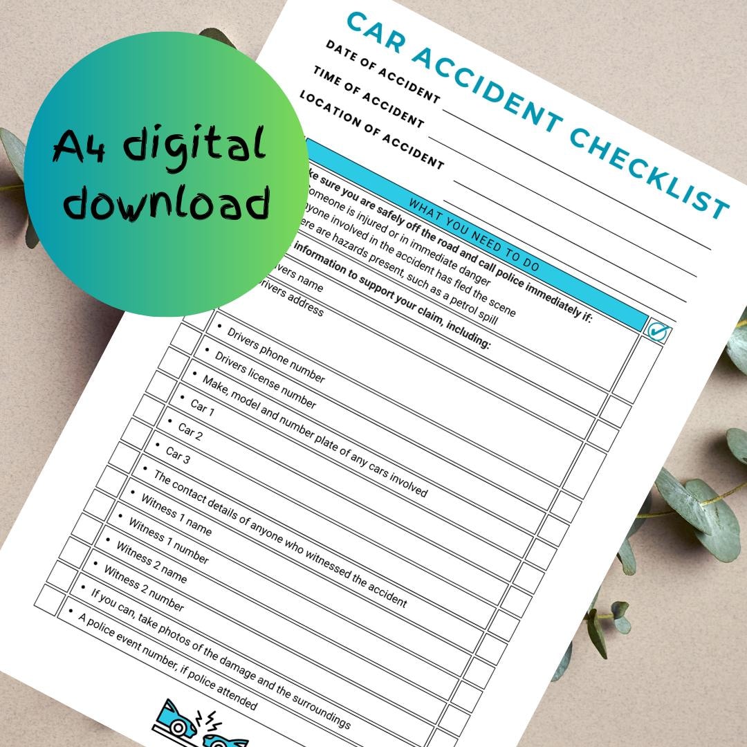 Printable Car Accident Checklist - Etsy