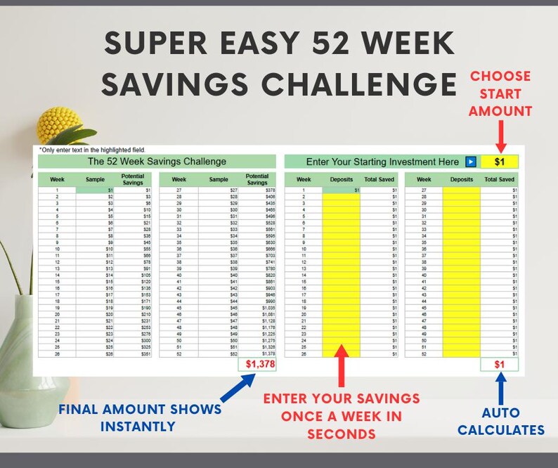 52 Week Savings Challenge, Savings Planner, Savings Calculator, Savings ...