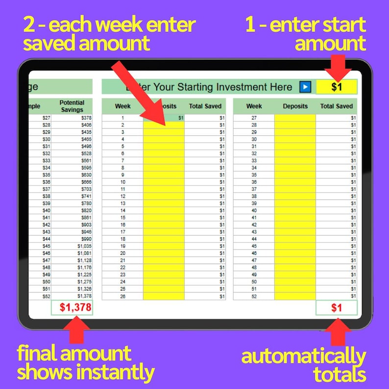 52 Week Savings Challenge, Savings Planner, Savings Calculator, Savings ...