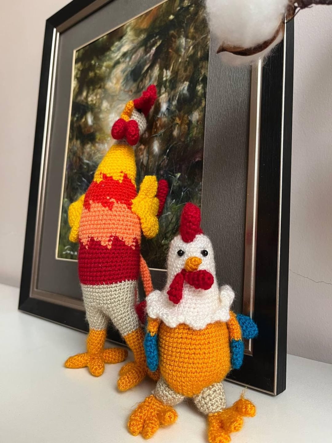 Handmade Crochet Chicken Amigurumi Set – Colorful Rooster & Hen Stuffed ...