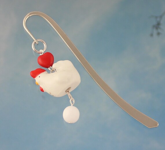 Bitty Chicken Bookmark white Hen and Egg Under Red Heart on - Etsy