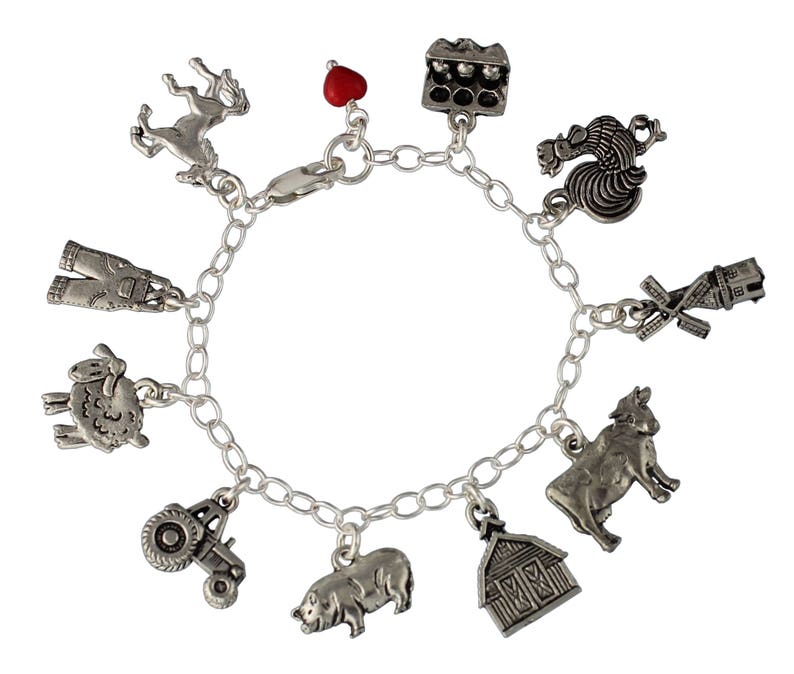 Farm Charm Bracelet - Pewter Farmyard Charms, Sterling Silver Chain ...