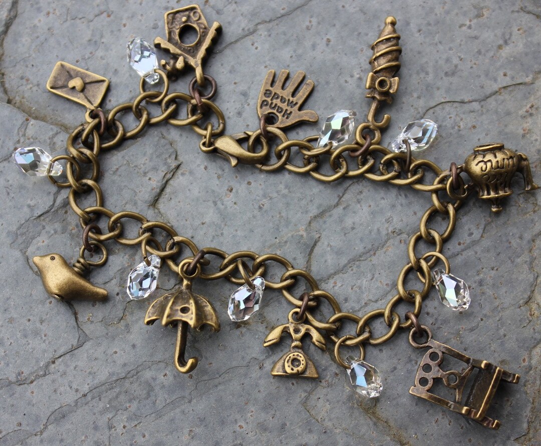 Rainy Day Charm Bracelet - Antique Bronze Charms, Clear Swarovski ...