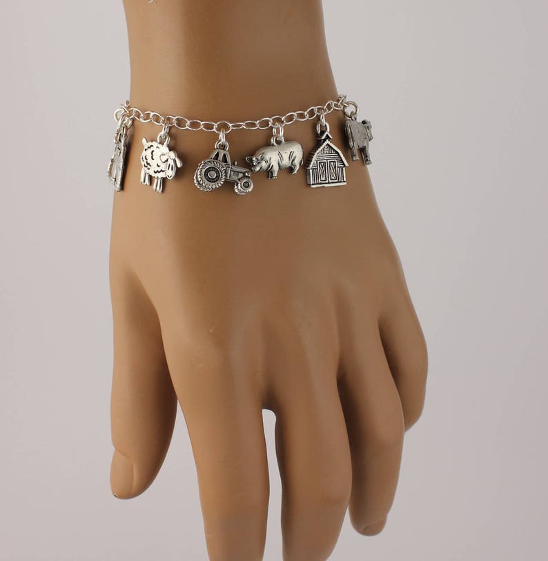 Farm Charm Bracelet - Pewter Farmyard Charms, Sterling Silver Chain ...