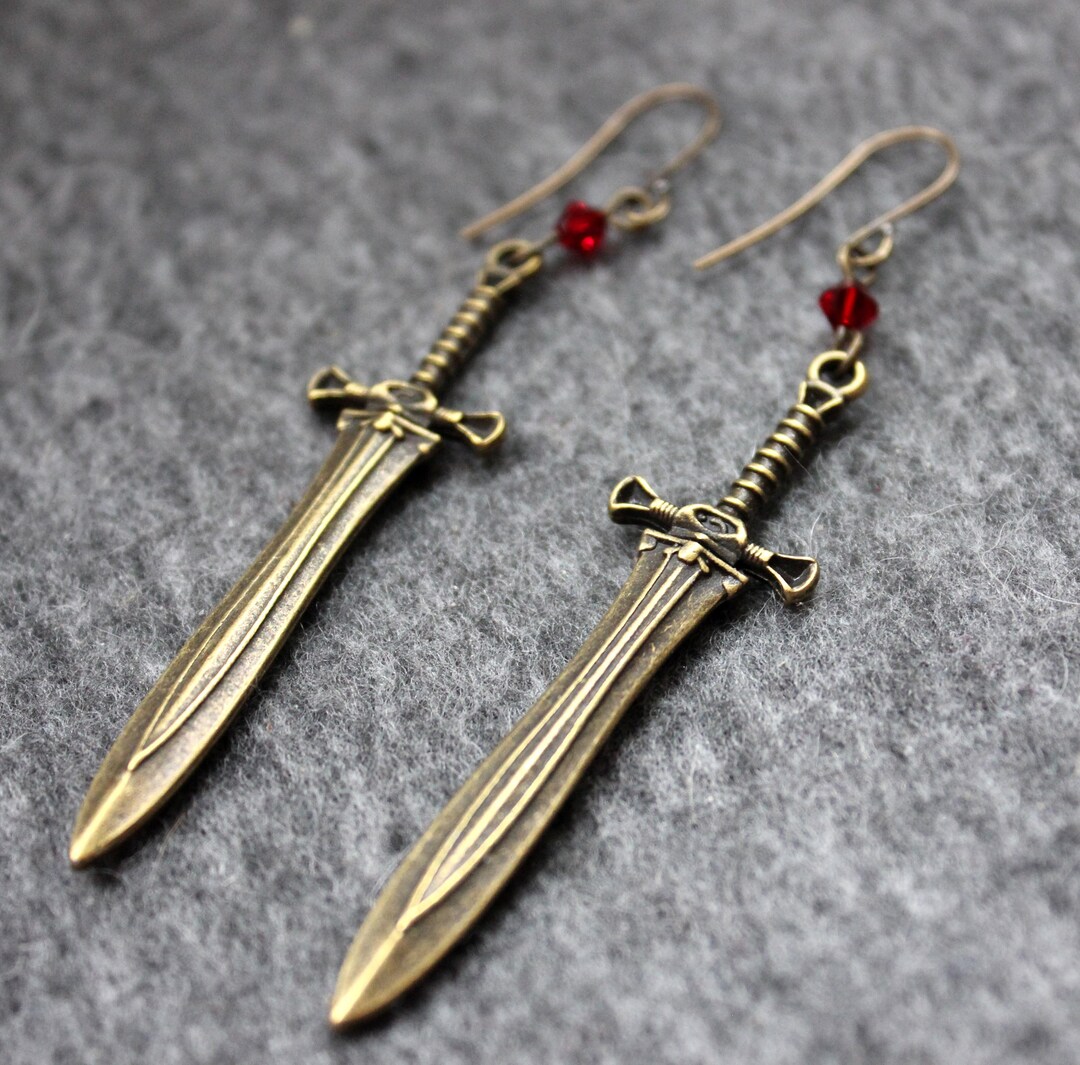 Swashbuckler Earrings - Antique Brass Swords, Red Crystals, French ...