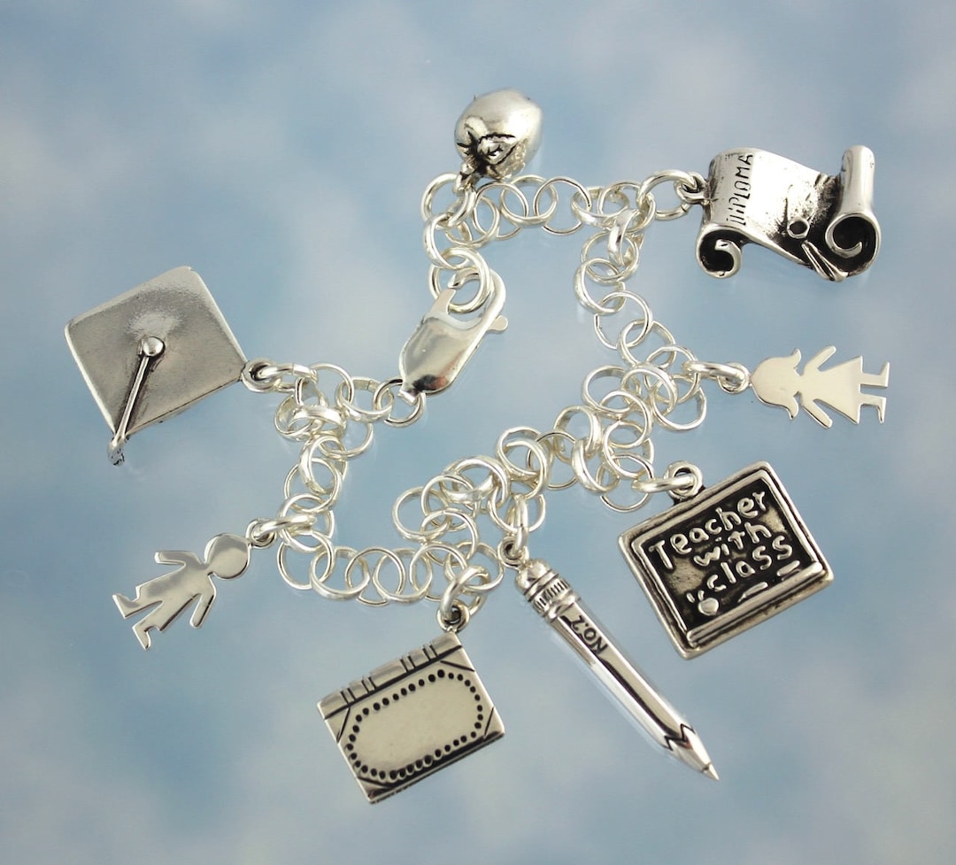 Teacher With Class Charm Bracelet -solid Sterling Silver Charms and ...