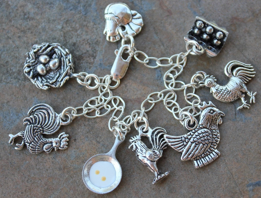 Roosters, Hens, Chickens and Eggs Charm Bracelet - Pewter Fowl Charms ...