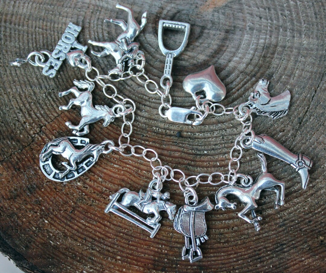 Equestrian Charm Bracelet- Horse Themed Antique Silver Pewter Charms ...