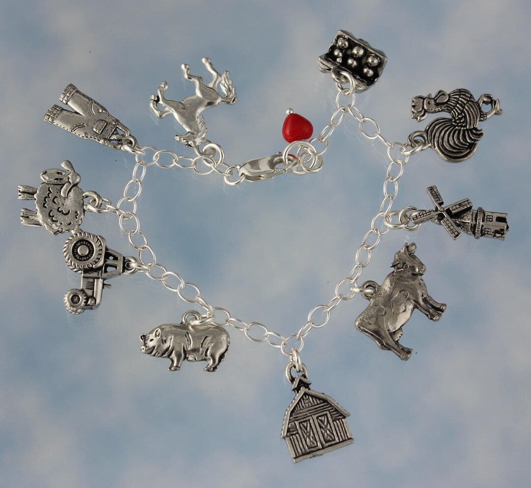 Farm Charm Bracelet - Pewter Farmyard Charms, Sterling Silver Chain ...