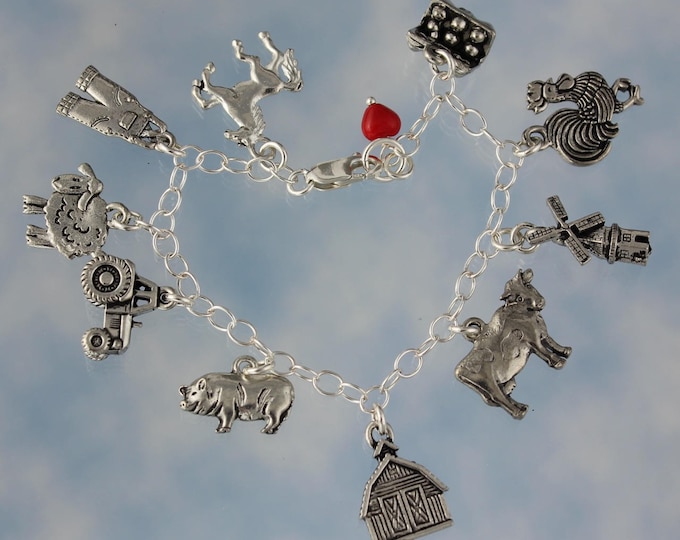 Farm Charm Bracelet - Pewter Farmyard Charms, Sterling Silver Chain ...