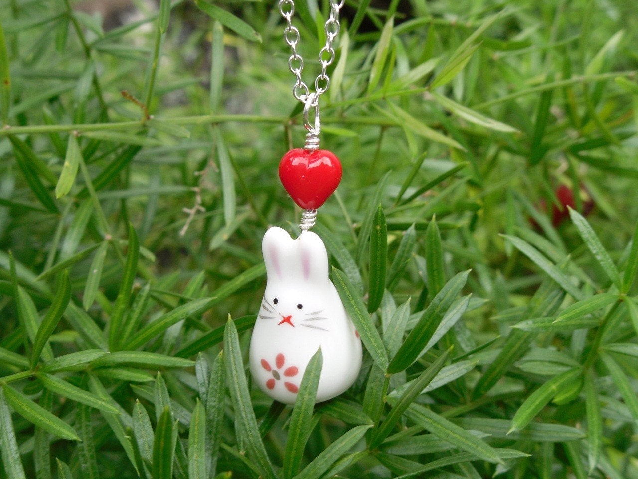 Adorable Bunny Necklace- White Rabbit Pendant & Red Heart, on Sterling ...