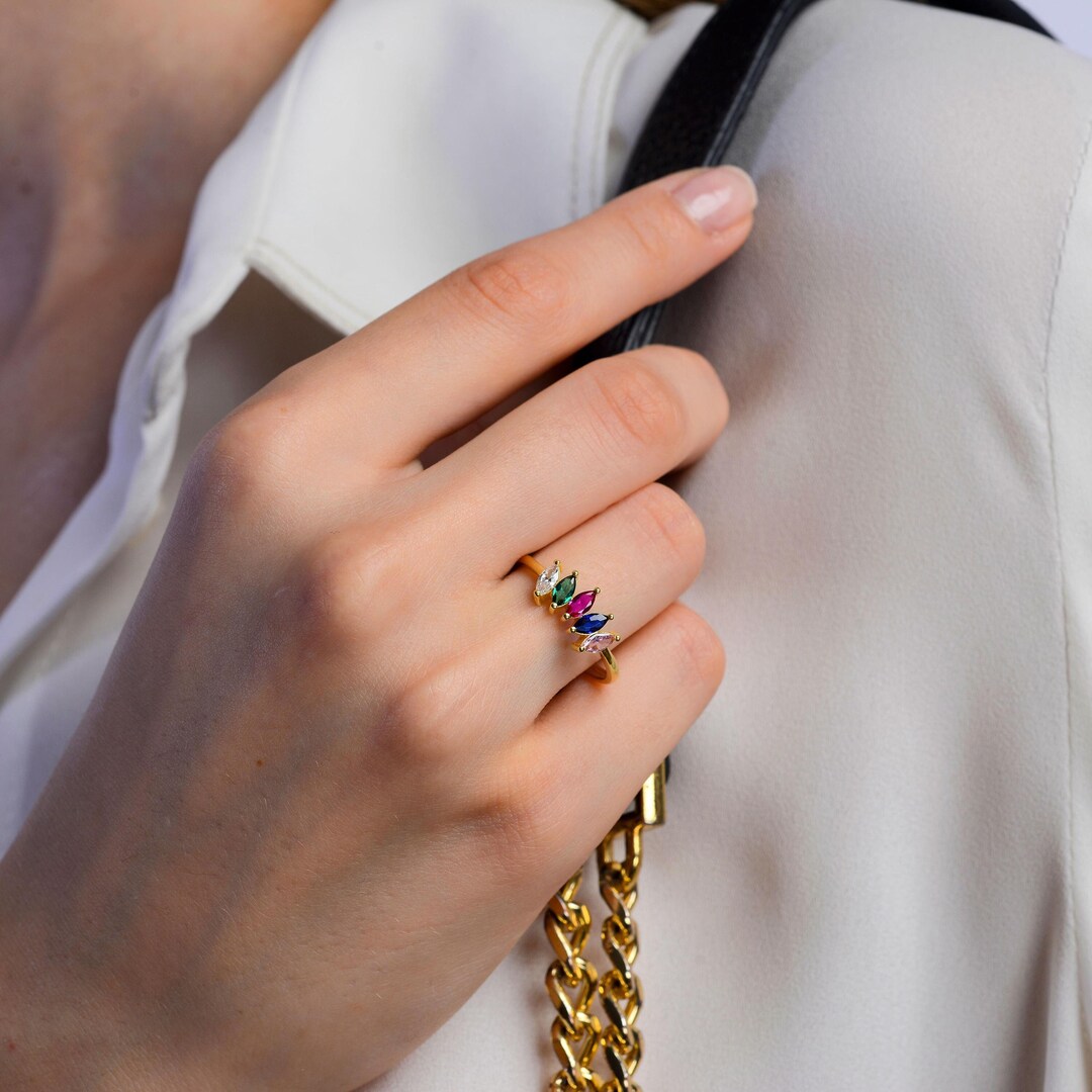 14K Solid Gold Marquise Birthstone Ring, Dainty Personalized Ring ...