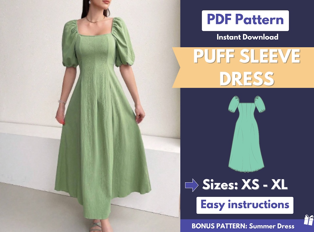 Dress Sewing Pattern | XS-XL | Puff Sleeve Dress Pattern | Square Neck ...