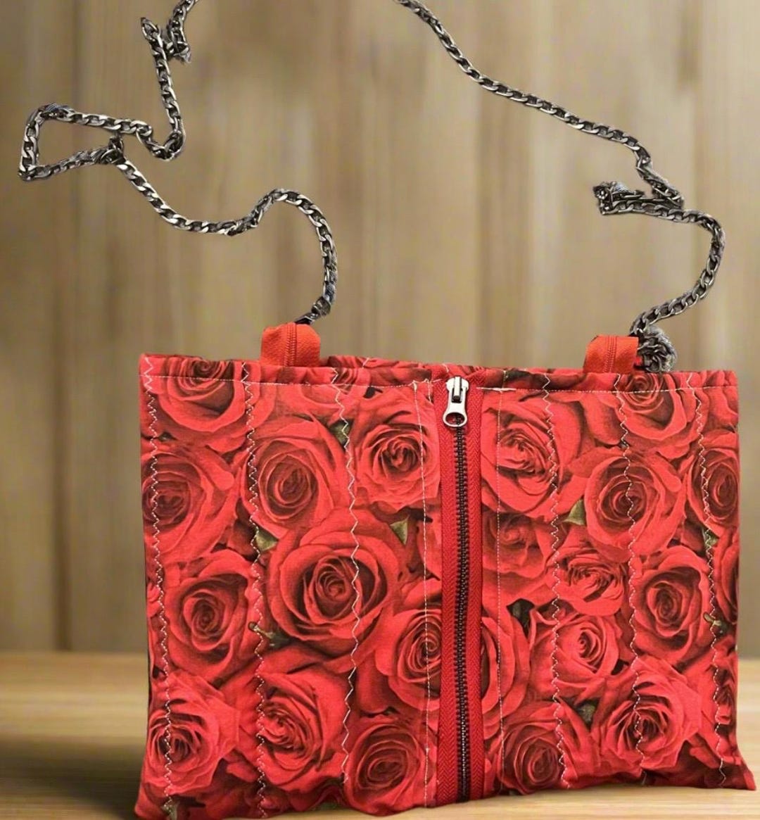 Beautiful Red-rose Fabric Purse With a Yellow-rose Lining. Vertical ...