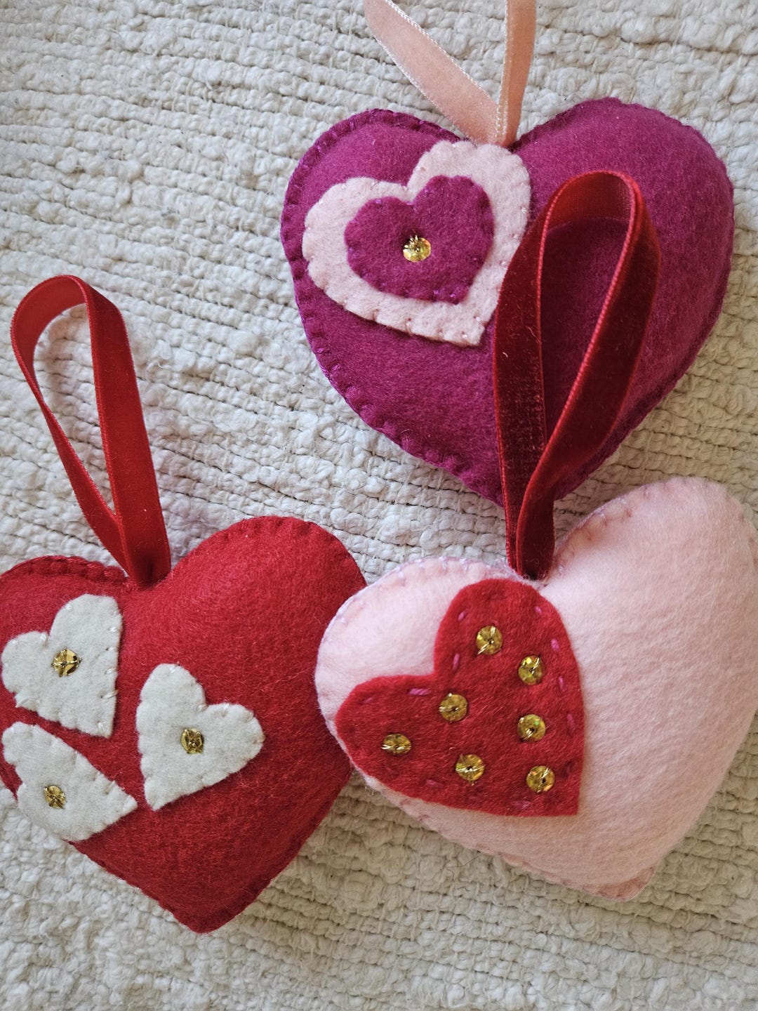 Felt Valentine Heart Ornament, Red and Pink Felt Heart Ornament Set ...