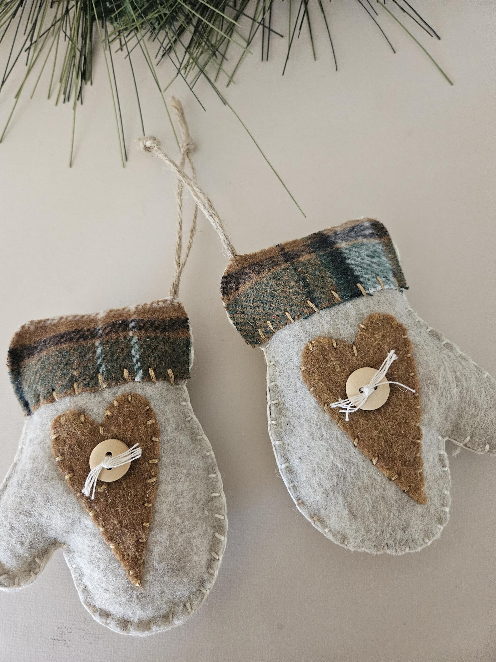 Felt Mitten Christmas Ornaments: Plaid & Heart Design, Hand Sewn - Etsy