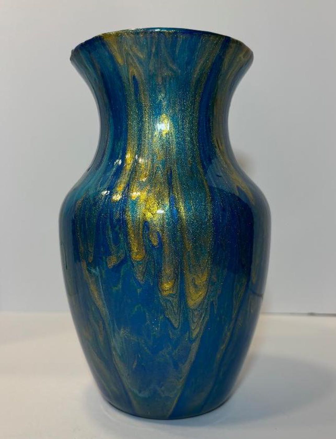 Contemporary Acrylic Vase Pearlized Blue, Turquoise, Metallic Gold, and ...