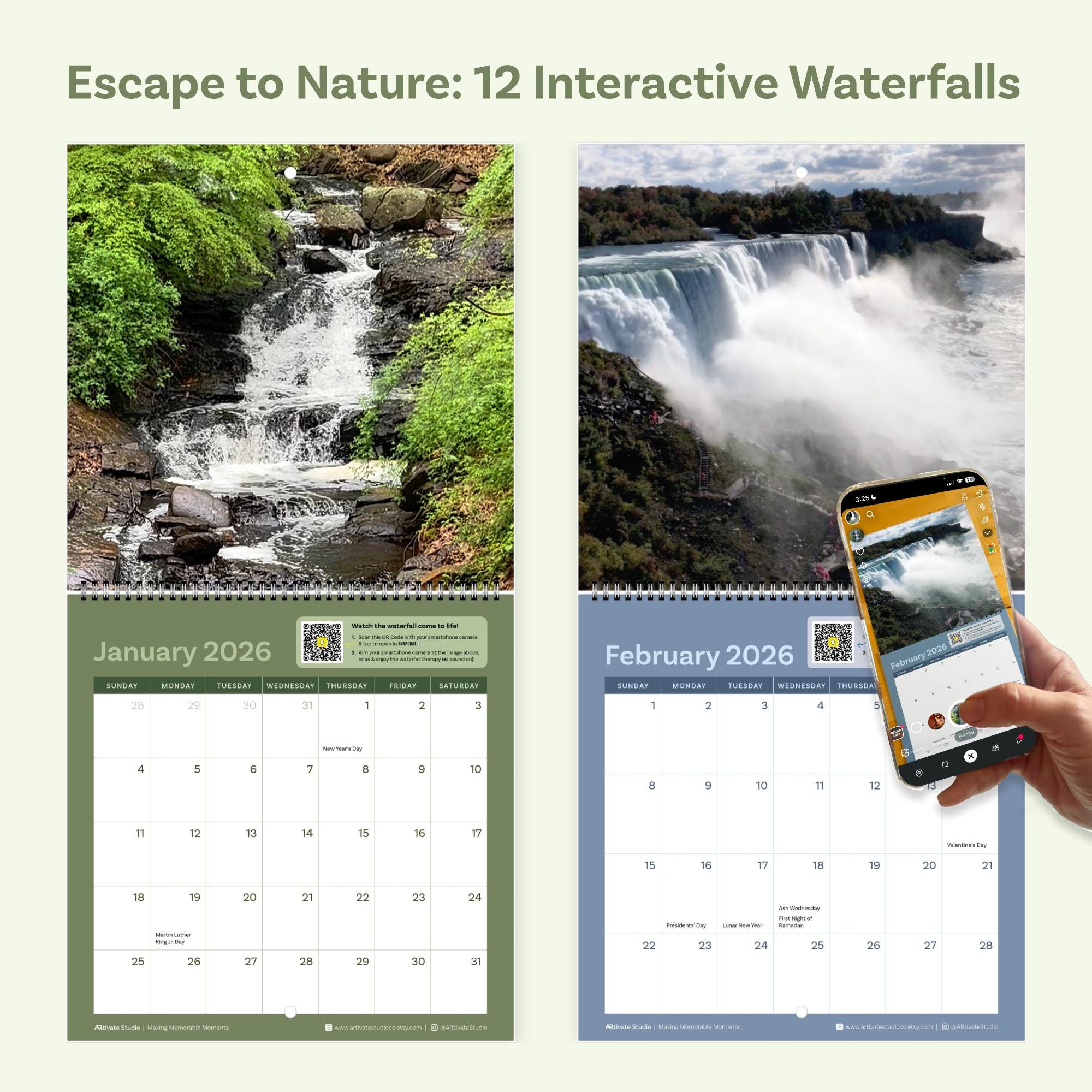 2026 Waterfall Therapy Calendar | AR Interactive Nature Wall Art ...