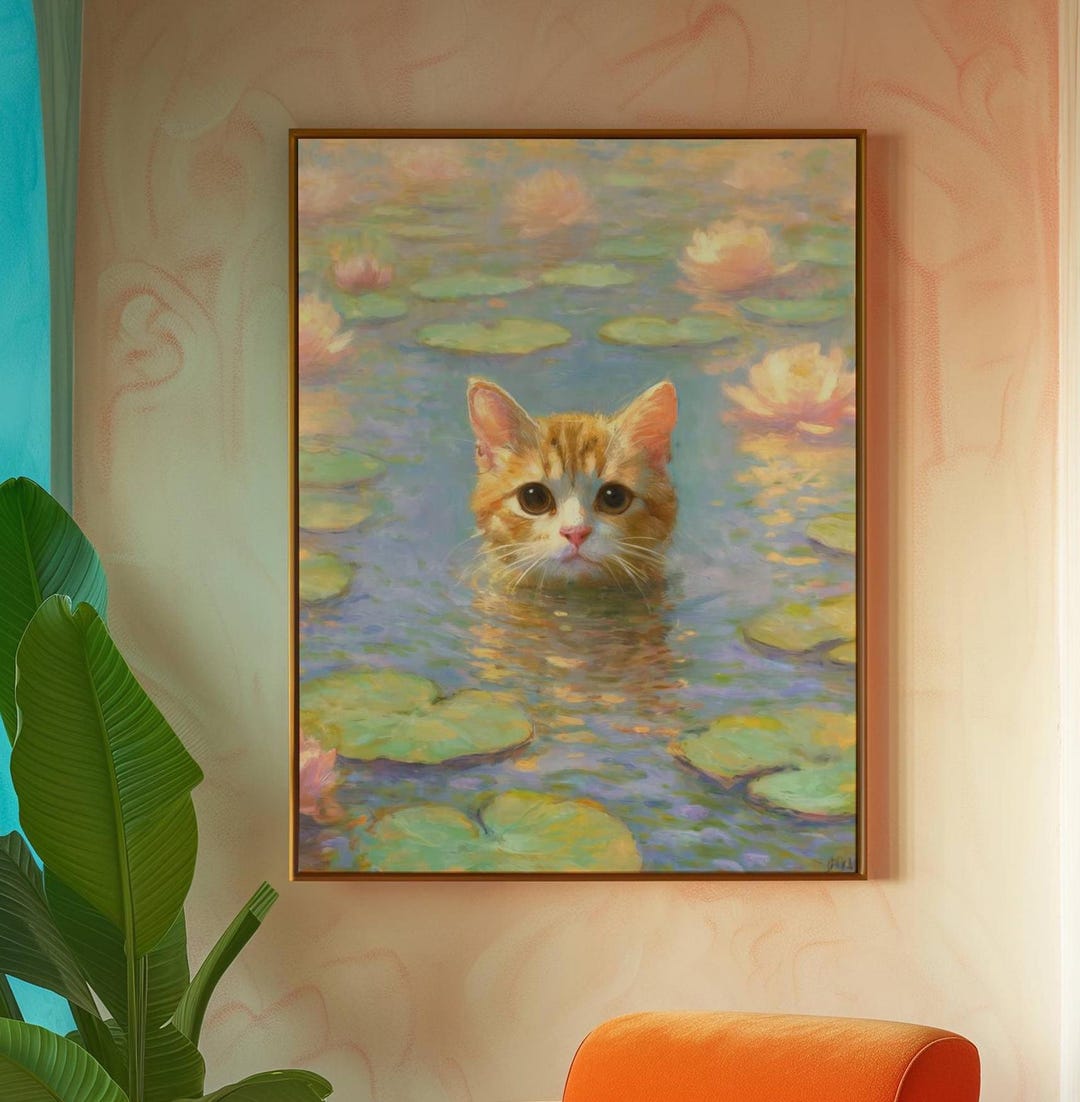 Monet Waterlily Cat Print, Claude Monet Cat Poster, Cat Art, Floral ...