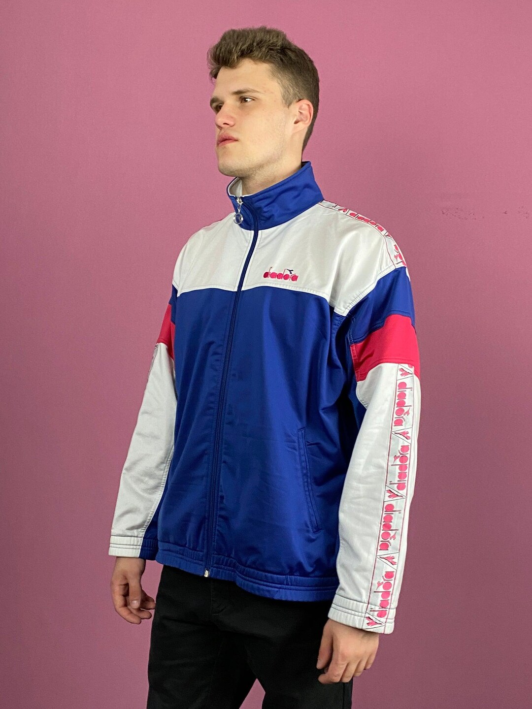 90s Diadora Vintage Men's Track Jacket - L Navy Blue & Multicolor ...
