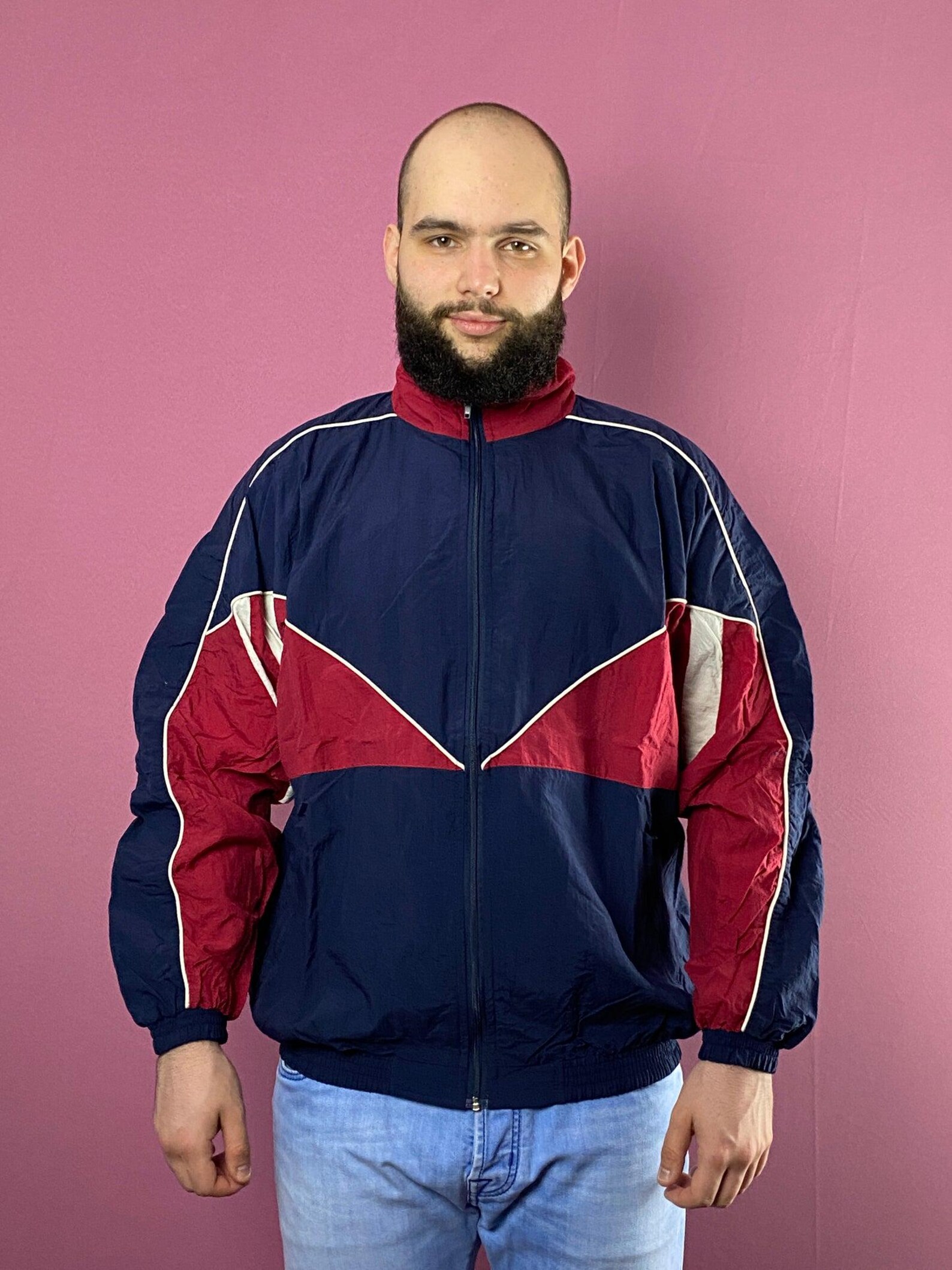 Tro Vintage Men's Windbreaker Jacket - L Navy Blue & Red Nylon - Etsy