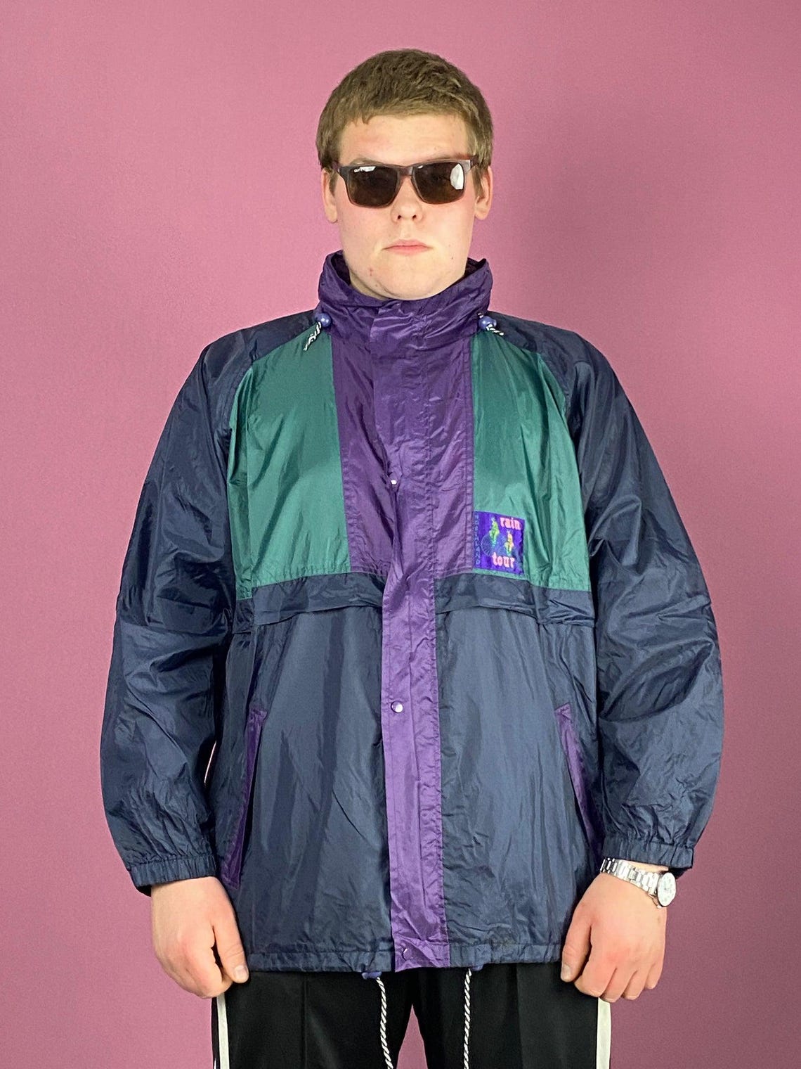 90s Vintage Men's Rain Jacket - XL Navy Blue Nylon - Etsy