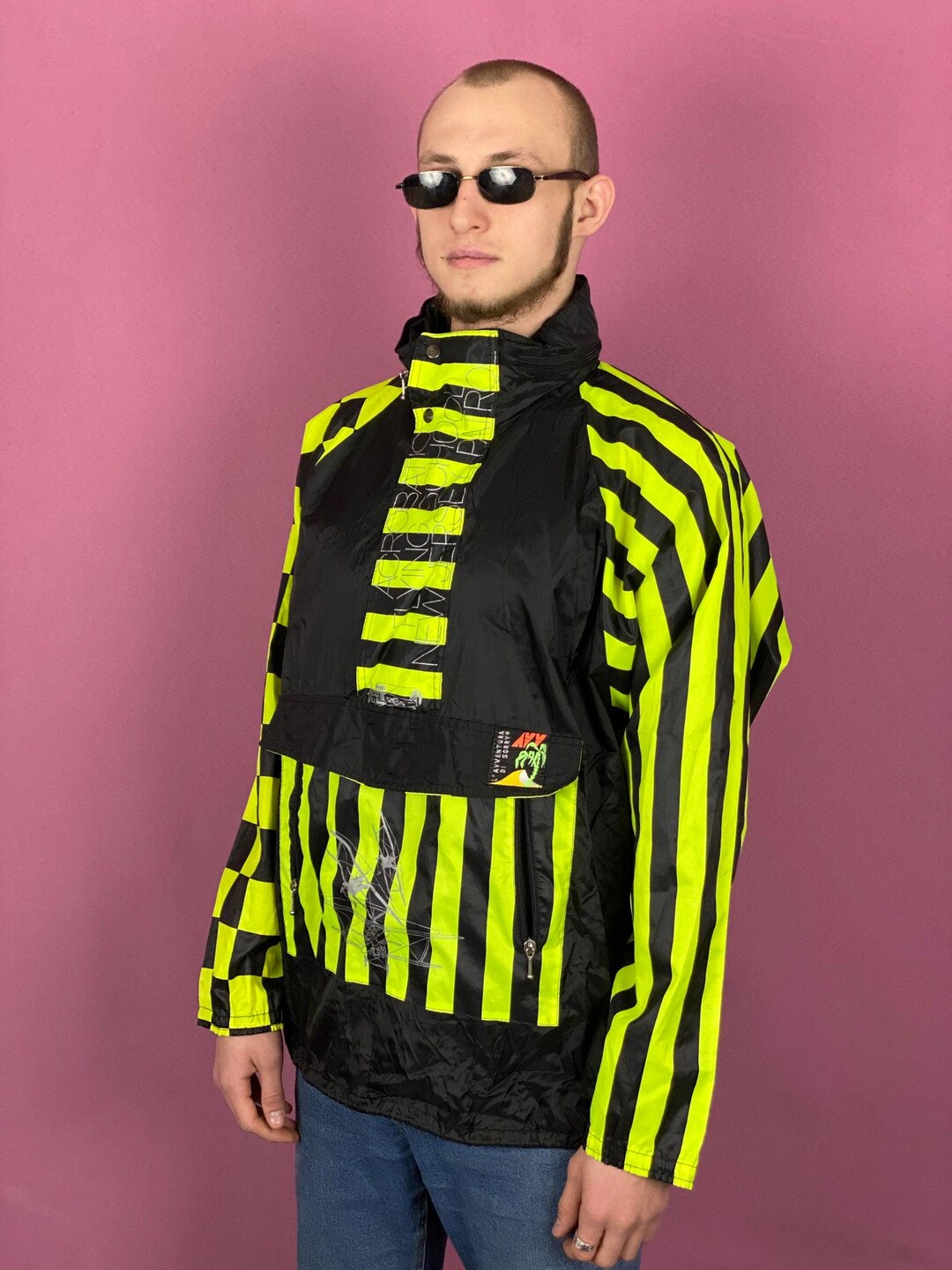 90s Vintage Men's Rain Jacket - L Black & Yellow Nylon - Etsy
