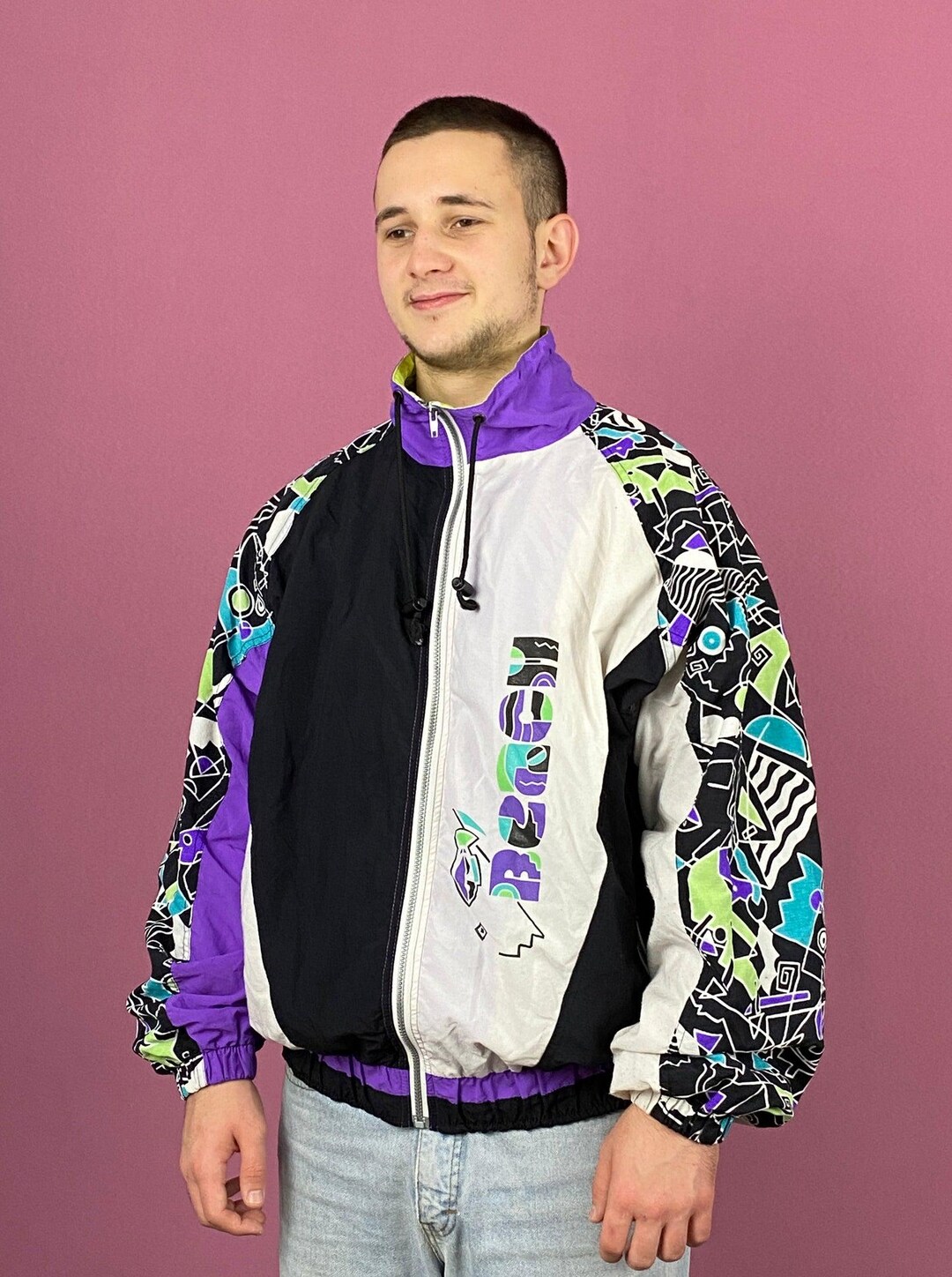 90s Vintage Men's Windbreaker Jacket - L Multicolor Nylon - Etsy