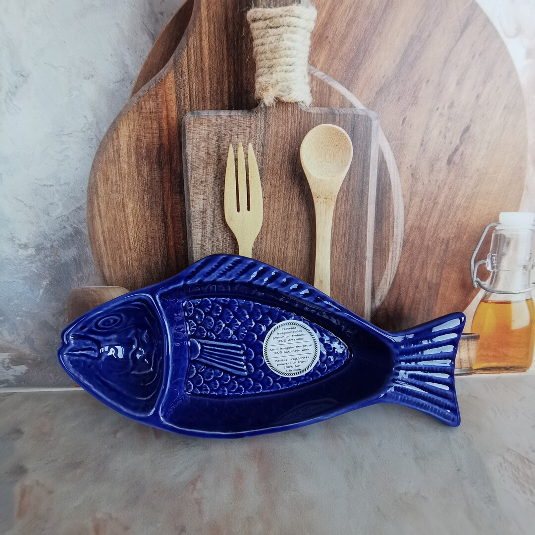 Ceramic Royal Blue Color Fish Shape Portuguese Olive Plate Home Decor ...