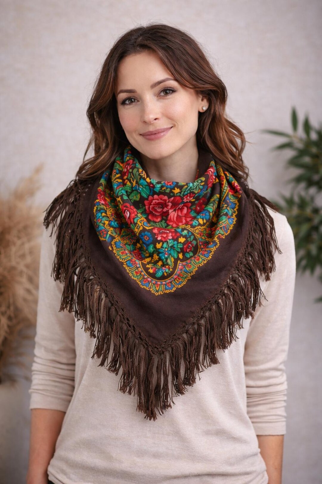 Brown Viscose Triangle Shawl: Portuguese Floral Scarf - Etsy