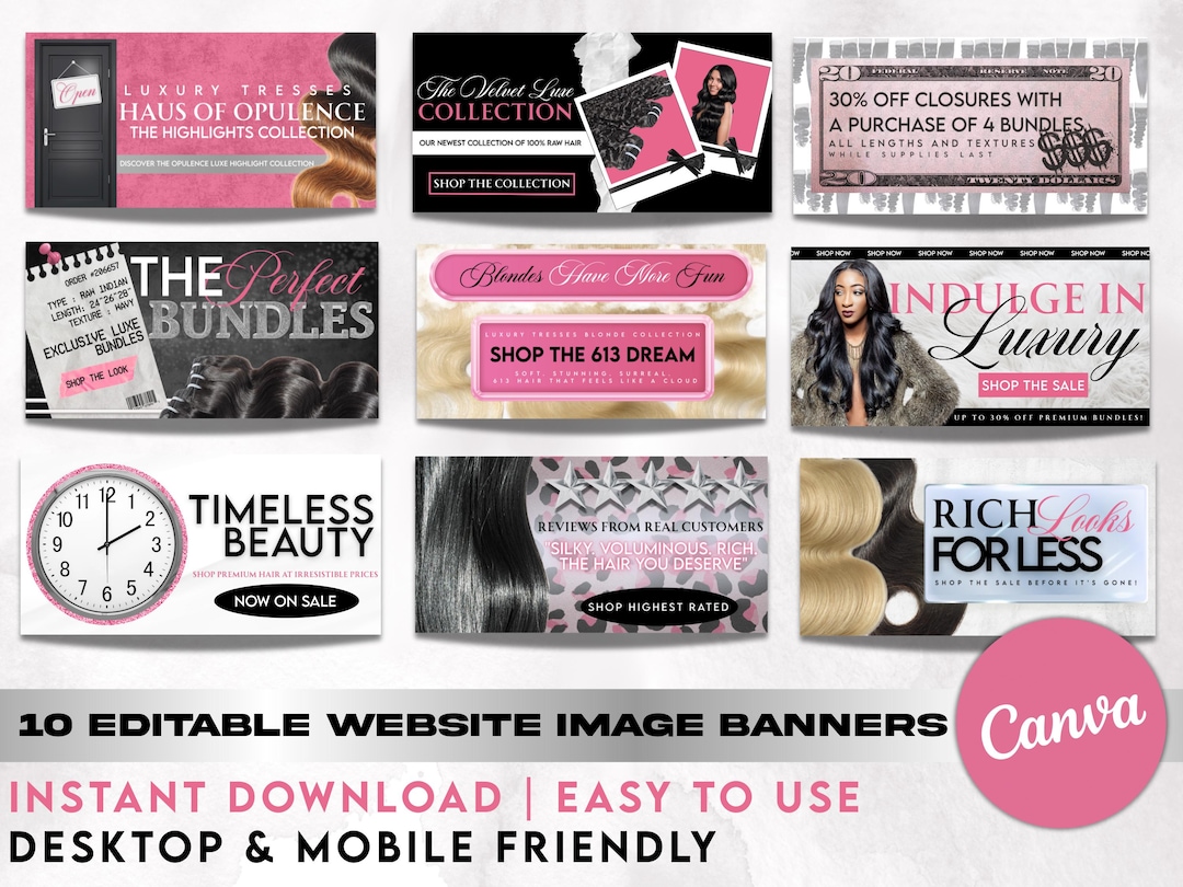 Luxury Hair Website Banners | 10 Banner Bundle | Canva Editing - Etsy