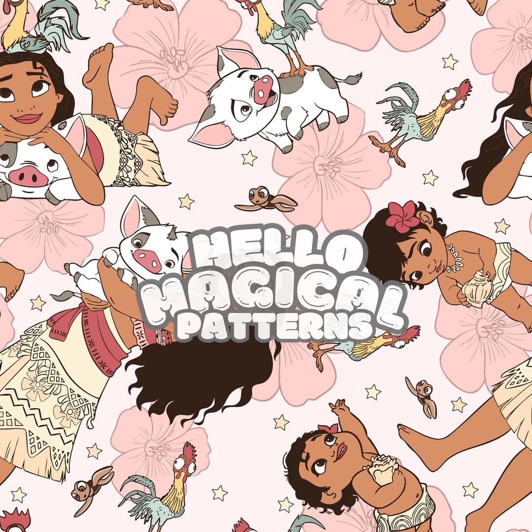 Magical Maui Princess Seamless Pattern, Cartoon Floral Princess ...