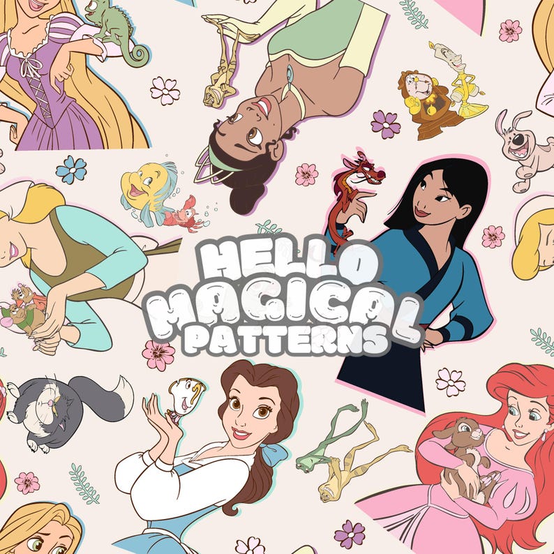 Princesses and Animals Seamless Pattern, Cartoon Princess Seamless ...