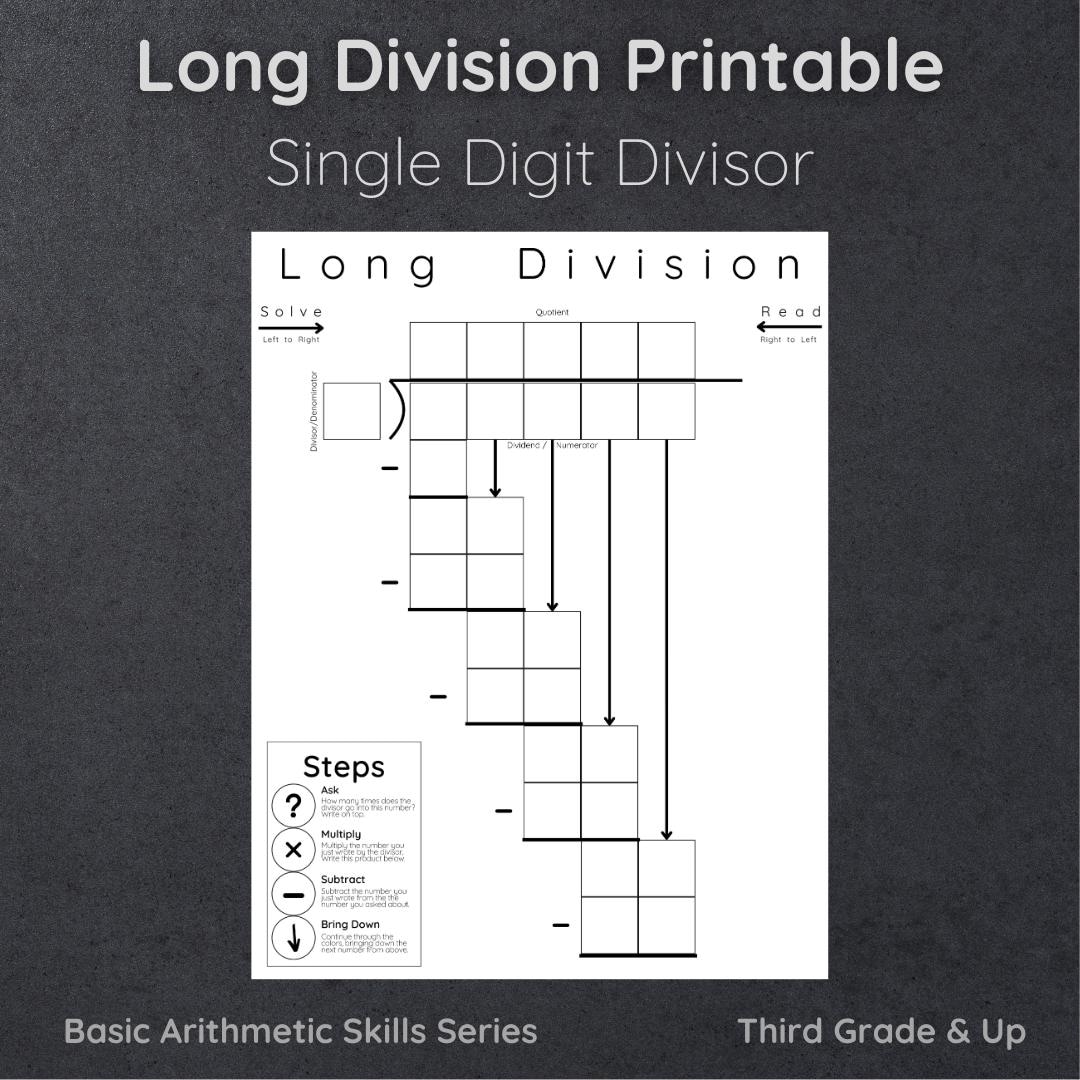 Black and White Printer Friendly Long Division Template Study Guide Map ...
